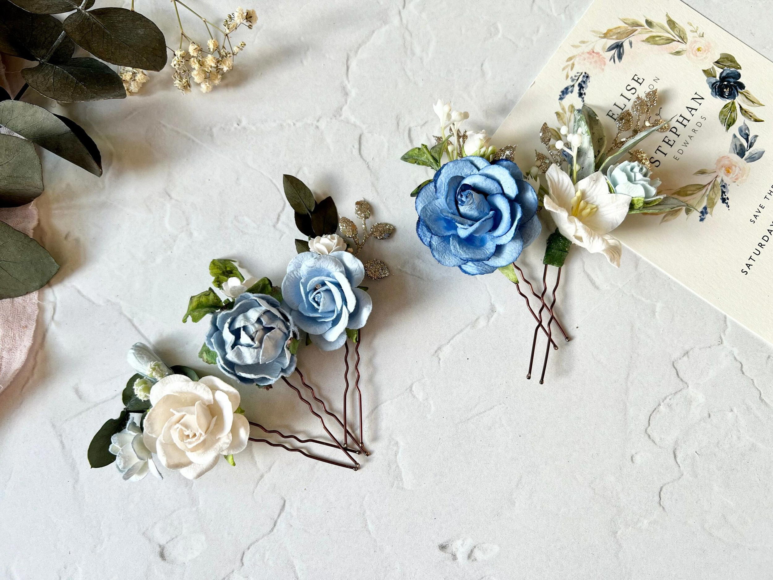 Blue and White Flower Hair Pins Bridal Hair Pins Flower Hair Pins