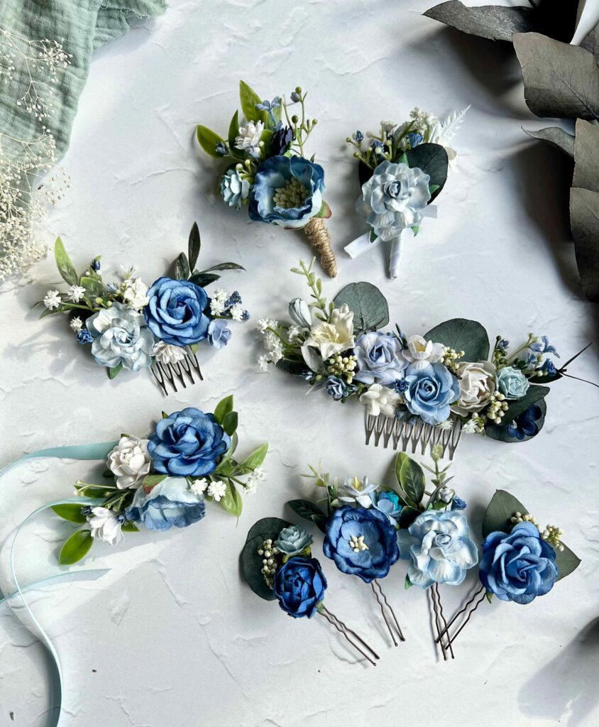 Royal Blue Hair Pins with Handmade Blue Flowers for Hair